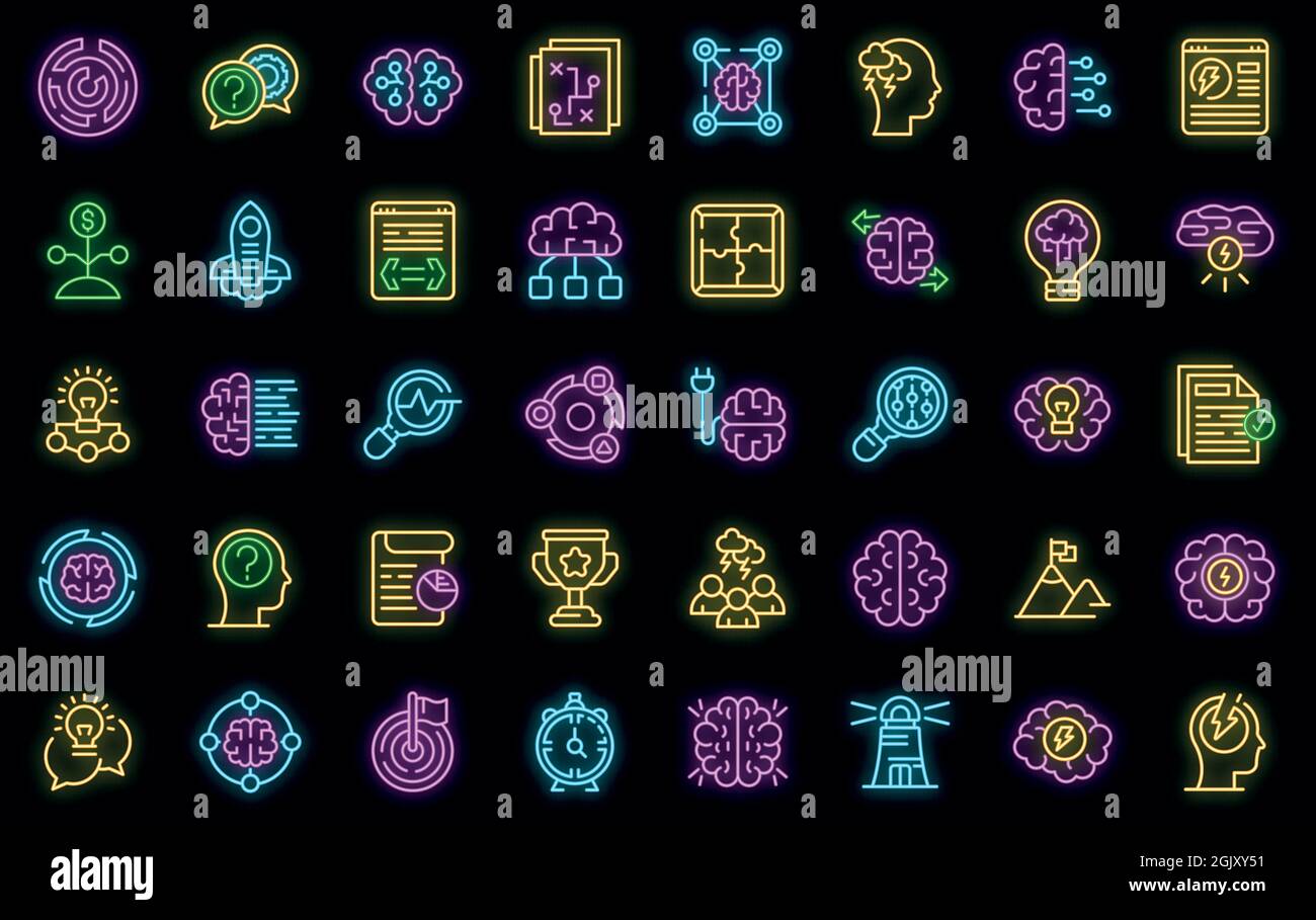 Brainstorming icons set. Outline set of brainstorming vector icons neon ...