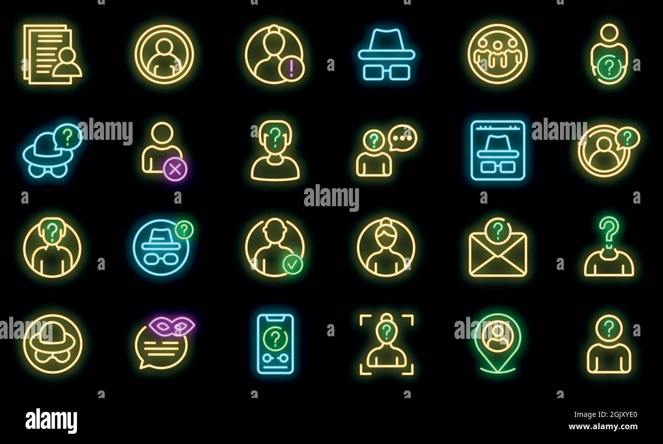 Anonymous icons set. Outline set of anonymous vector icons neon color ...