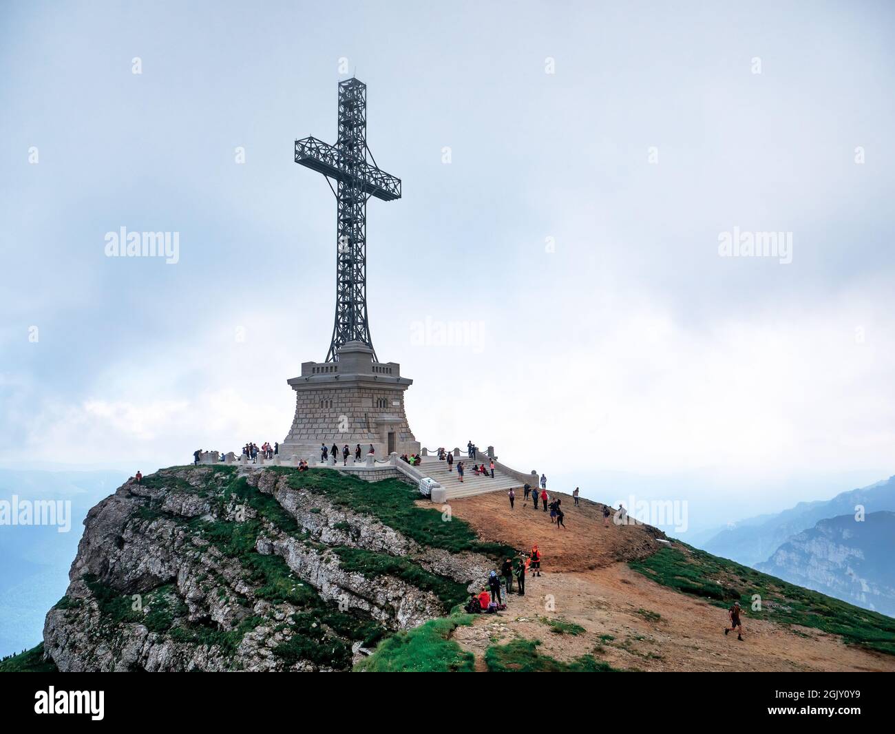 Busteni, Romania - 07.10.2021: View with the Heroes Cross on Caraiman ...