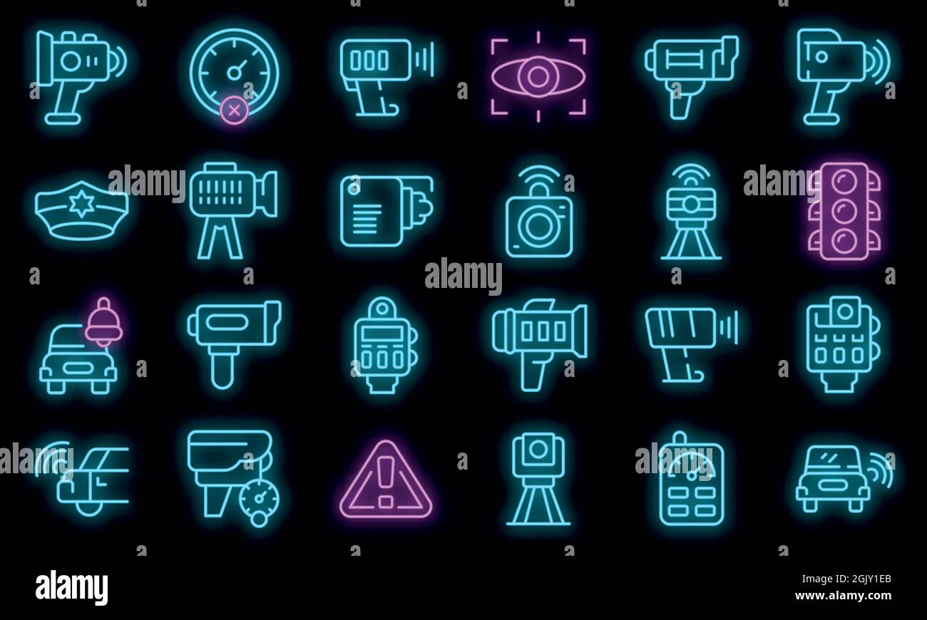 Speed radar icons set. Outline set of speed radar vector icons neon ...