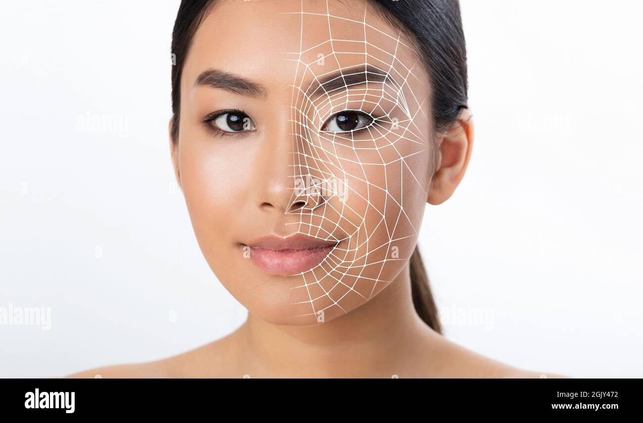 Asian lady getting face scanning on white background, closeup, collage ...