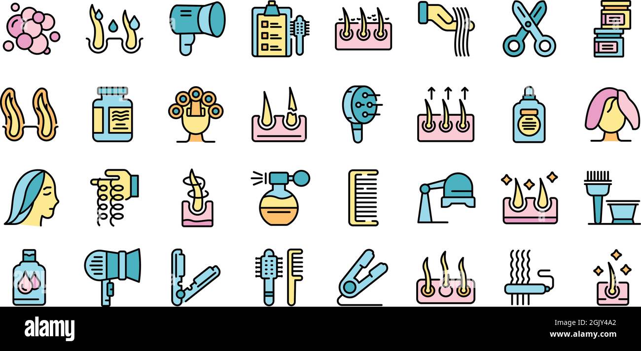 Curly hair icons set. Outline set of curly hair vector icons thin line ...