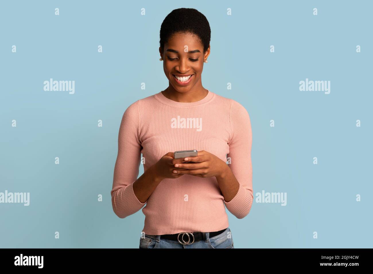 Mobile Communication. Happy Black Female Using Modern Smartphone For Messaging With Friends ...