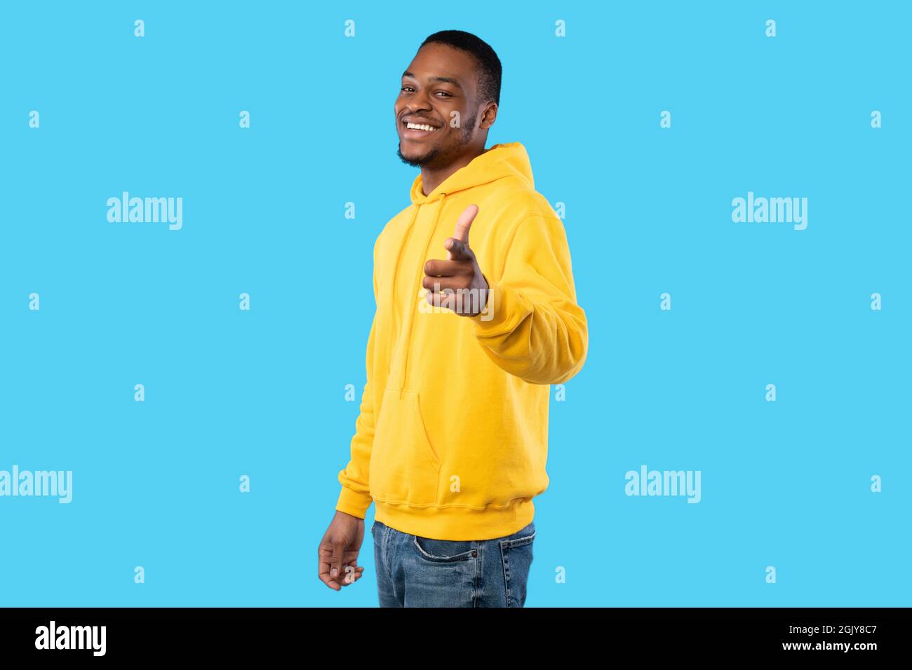 African Man Pointing Finger To Camera Choosing You, Blue Background ...