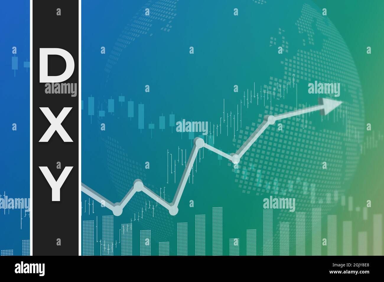 Rise and fall of U. S. Dollar currency index (ticker DXY), on blue ...