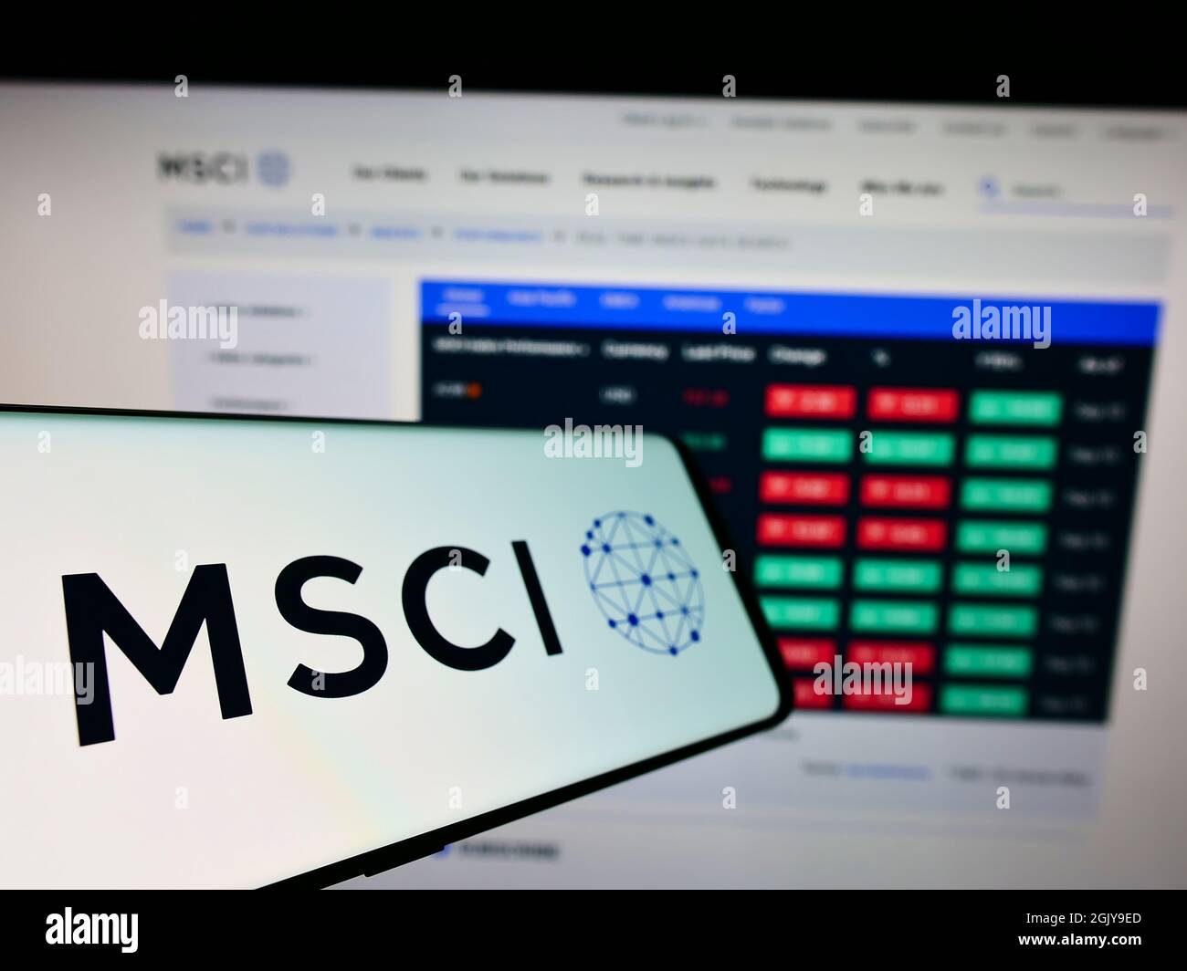 Mobile phone with logo of American financial services company MSCI Inc ...