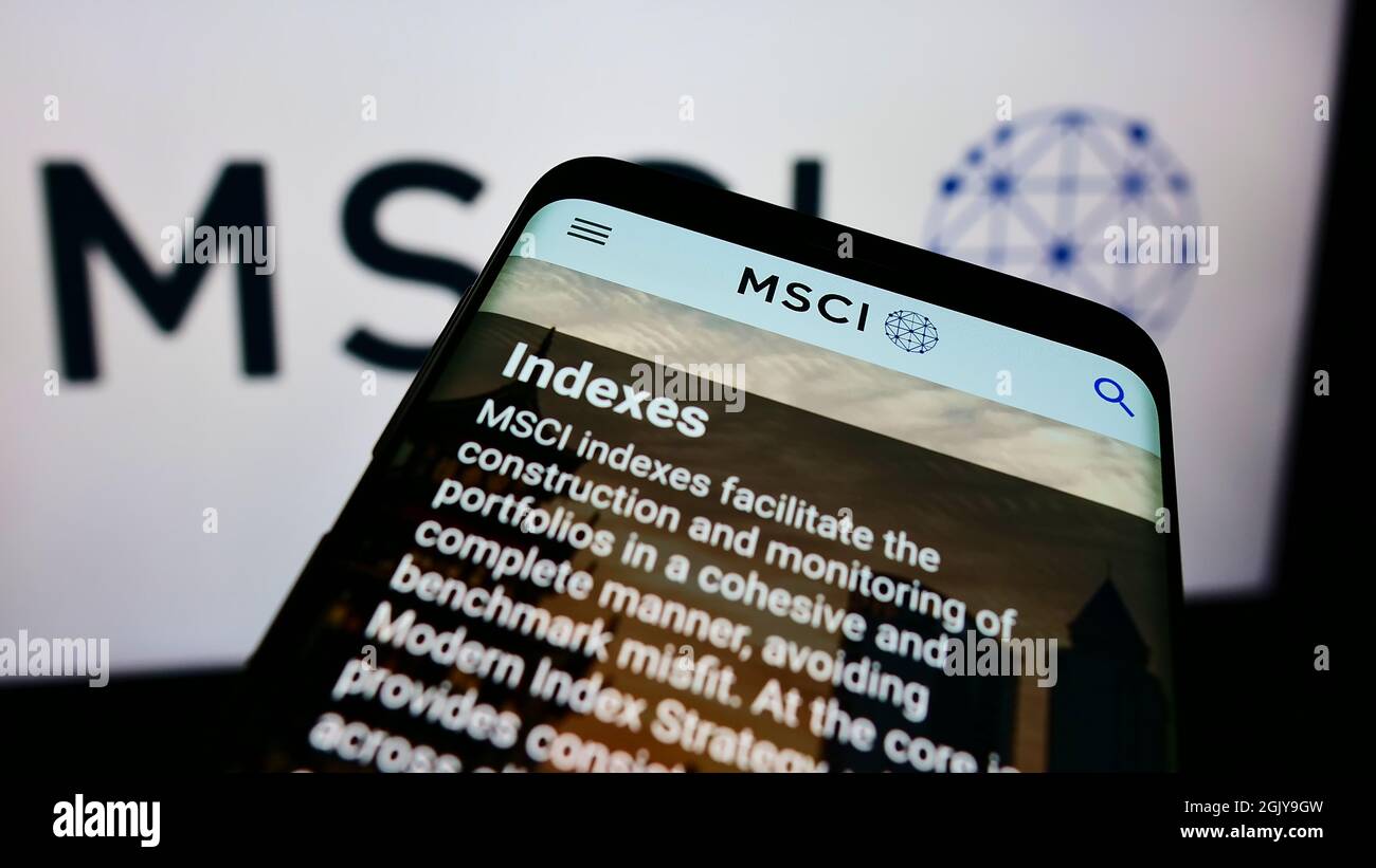 Smartphone with website of American financial services company MSCI Inc ...