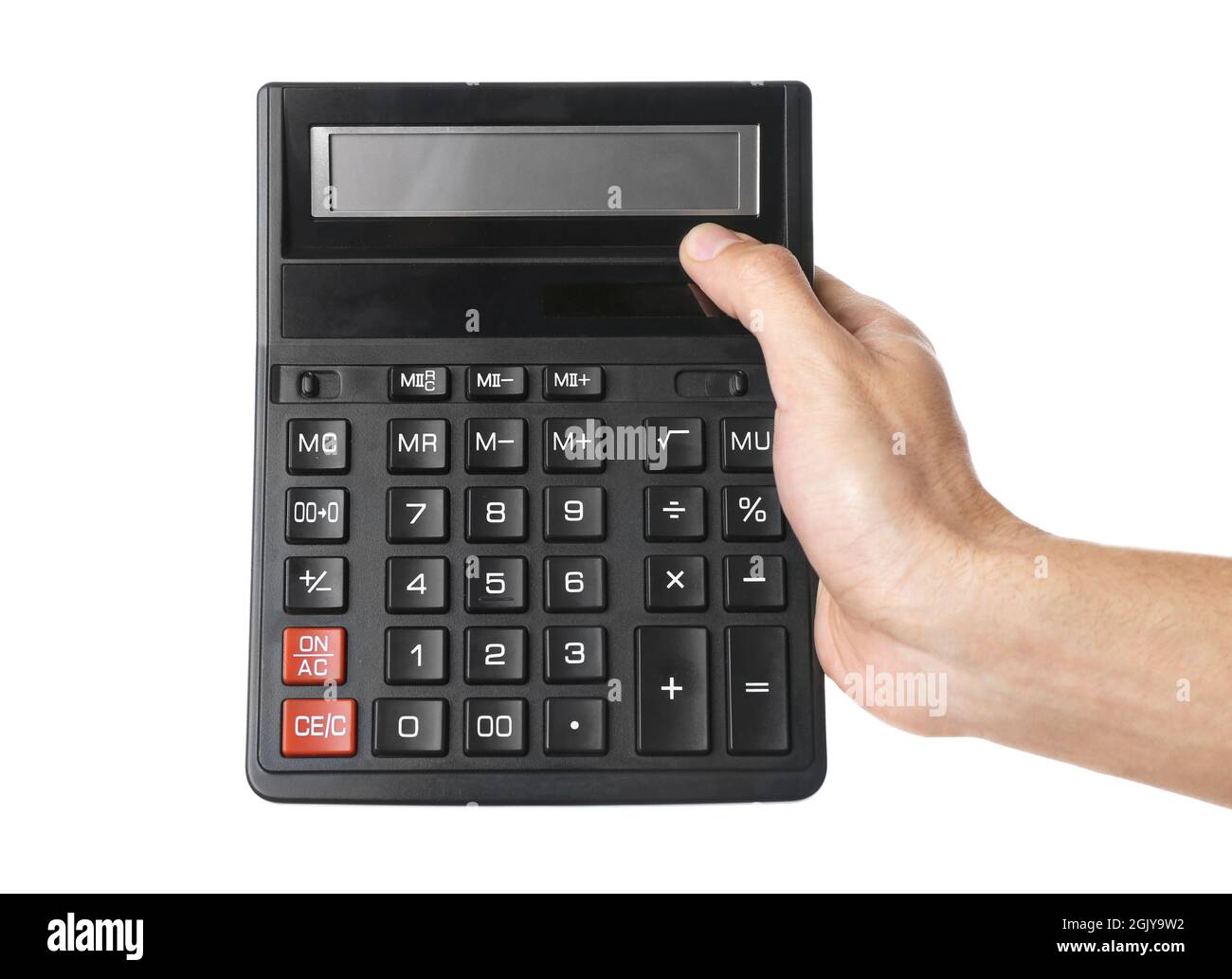 Male hand holding calculator on white background Stock Photo - Alamy