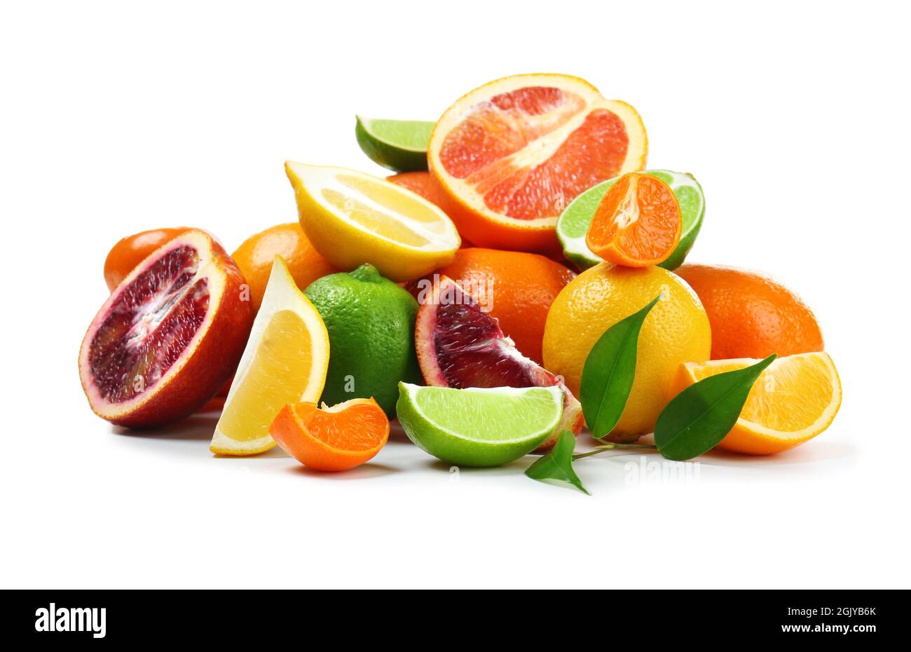 Juicy citrus fruits on white background Stock Photo - Alamy