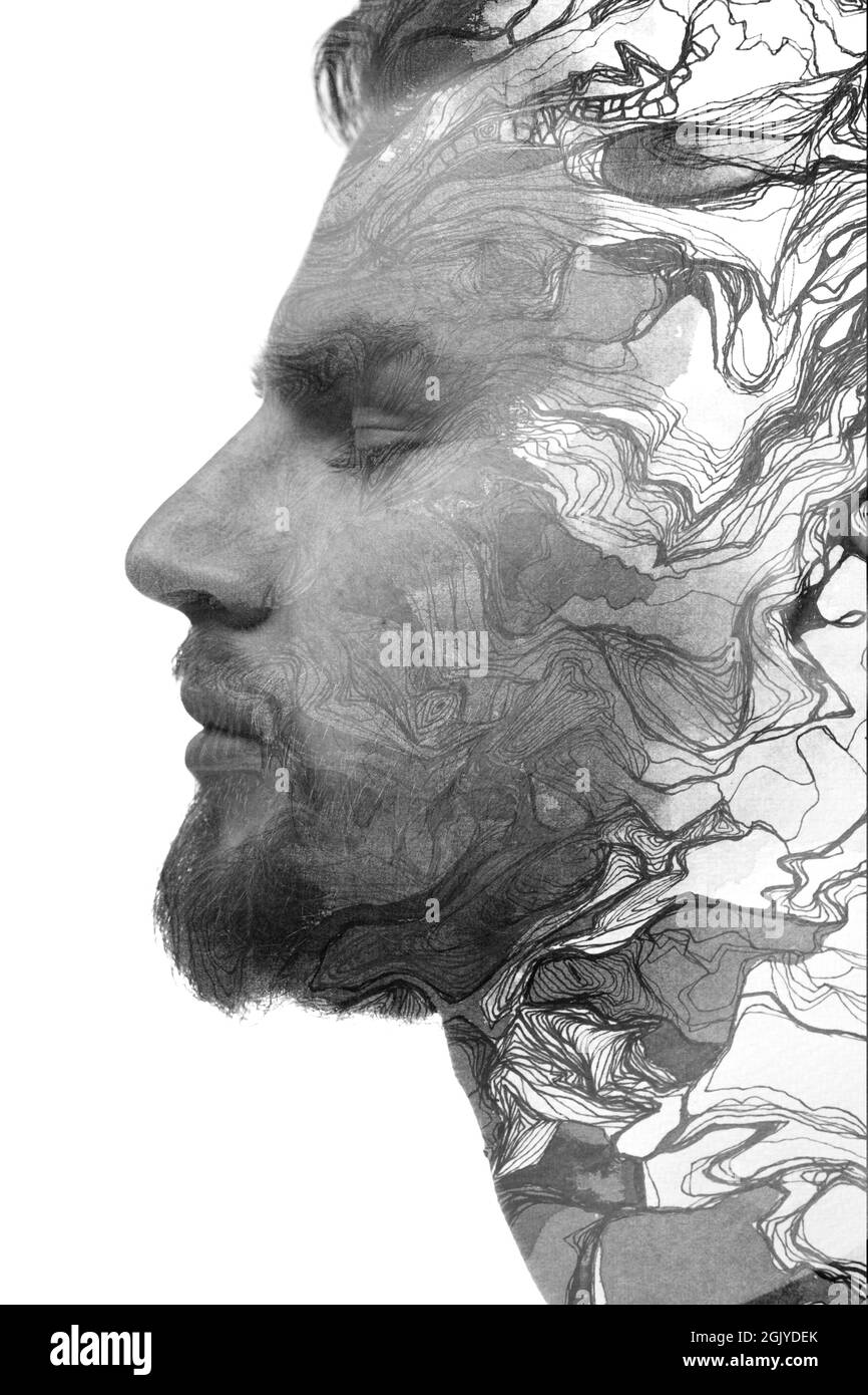 A black and white profile portrait of a man combined with abstract ...