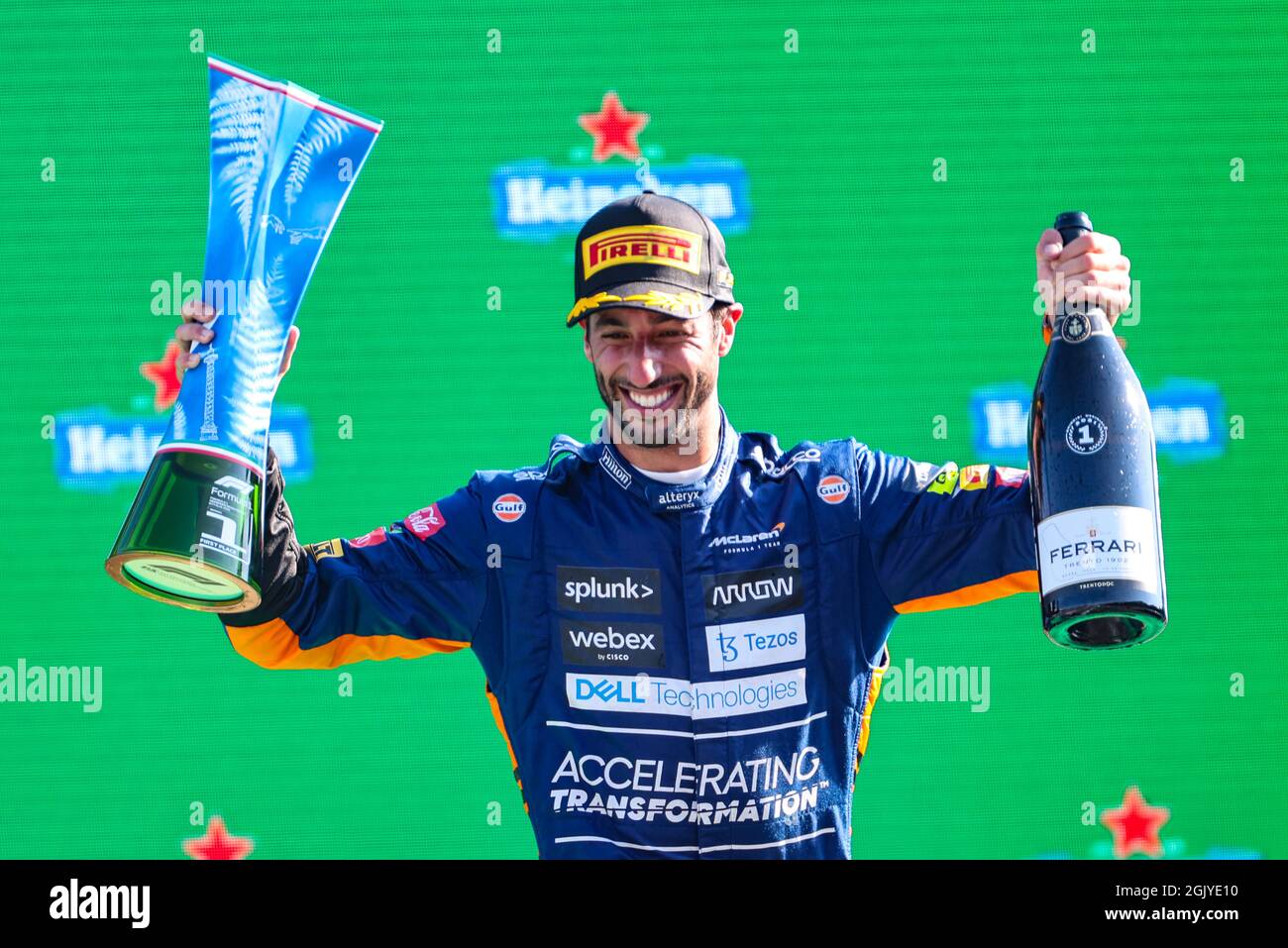 Race winner Daniel Ricciardo (AUS) McLaren celebrates on the podium. 12 ...