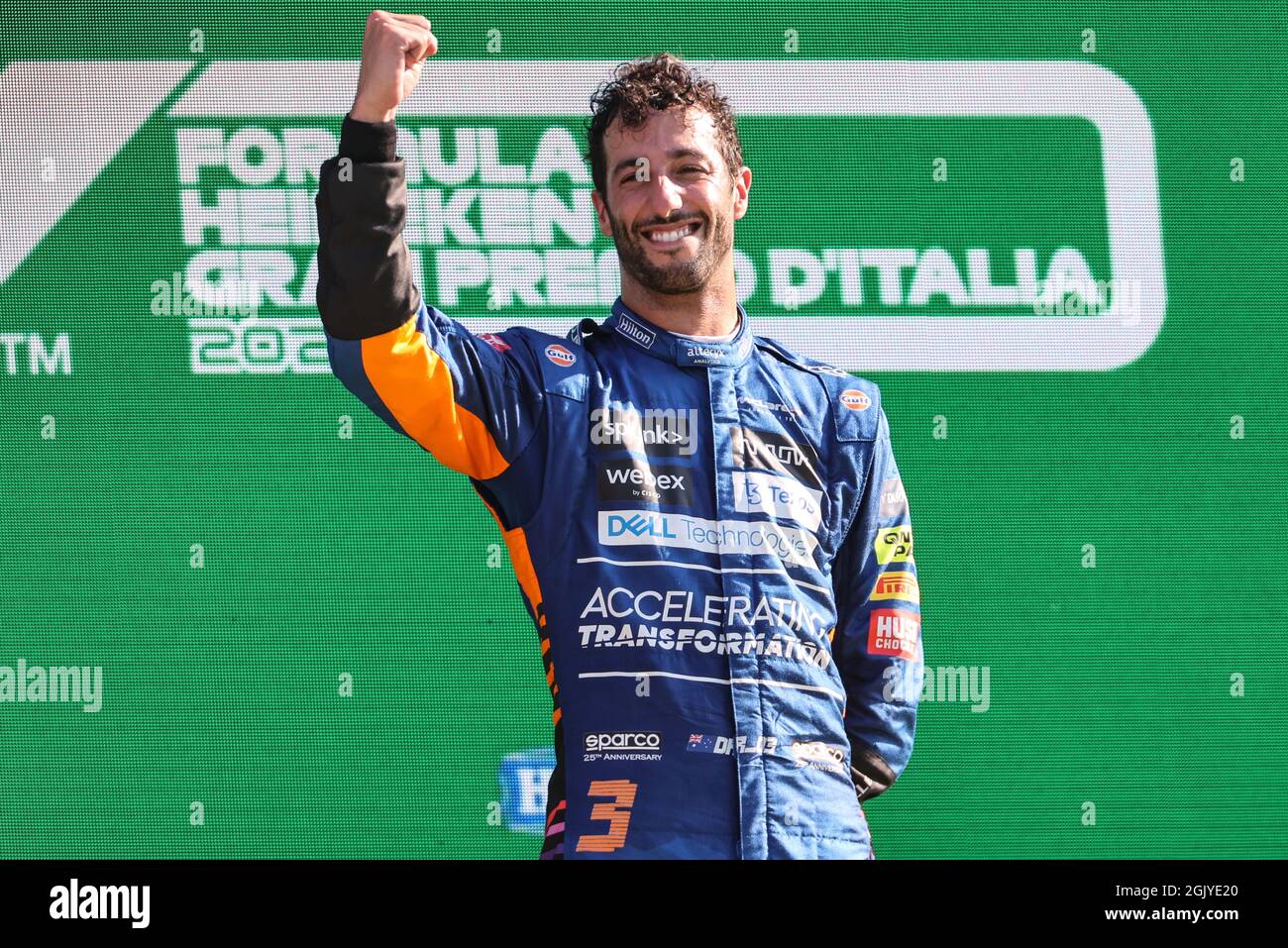 Race winner Daniel Ricciardo (AUS) McLaren celebrates on the podium. 12 ...