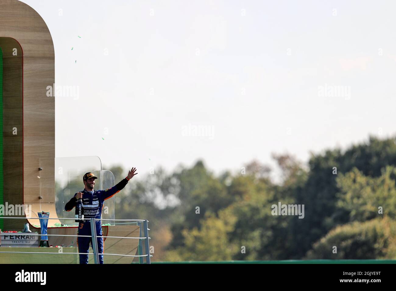 Race winner Daniel Ricciardo (AUS) McLaren celebrates on the podium ...