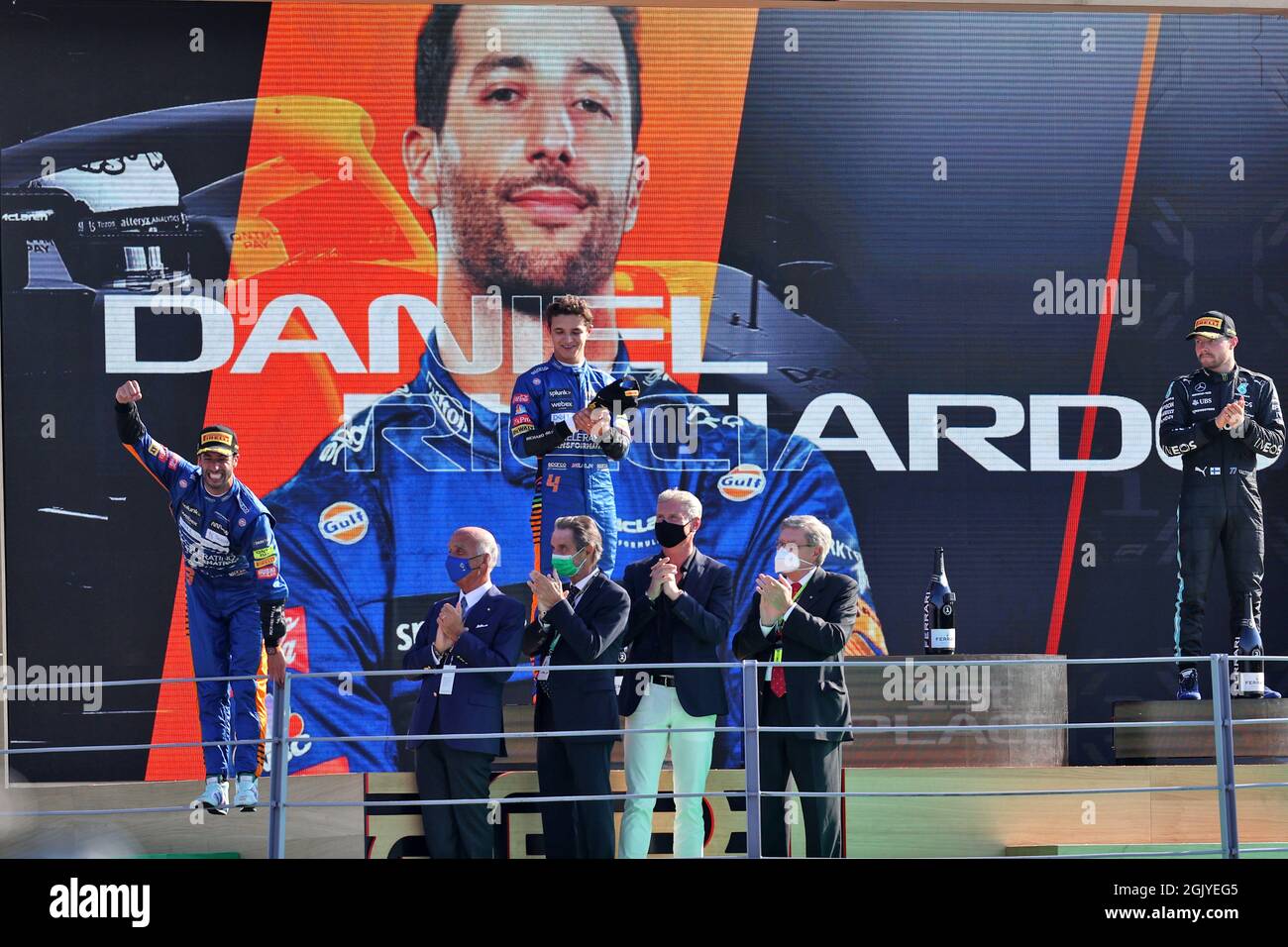 Race winner Daniel Ricciardo (AUS) McLaren celebrates on the podium ...