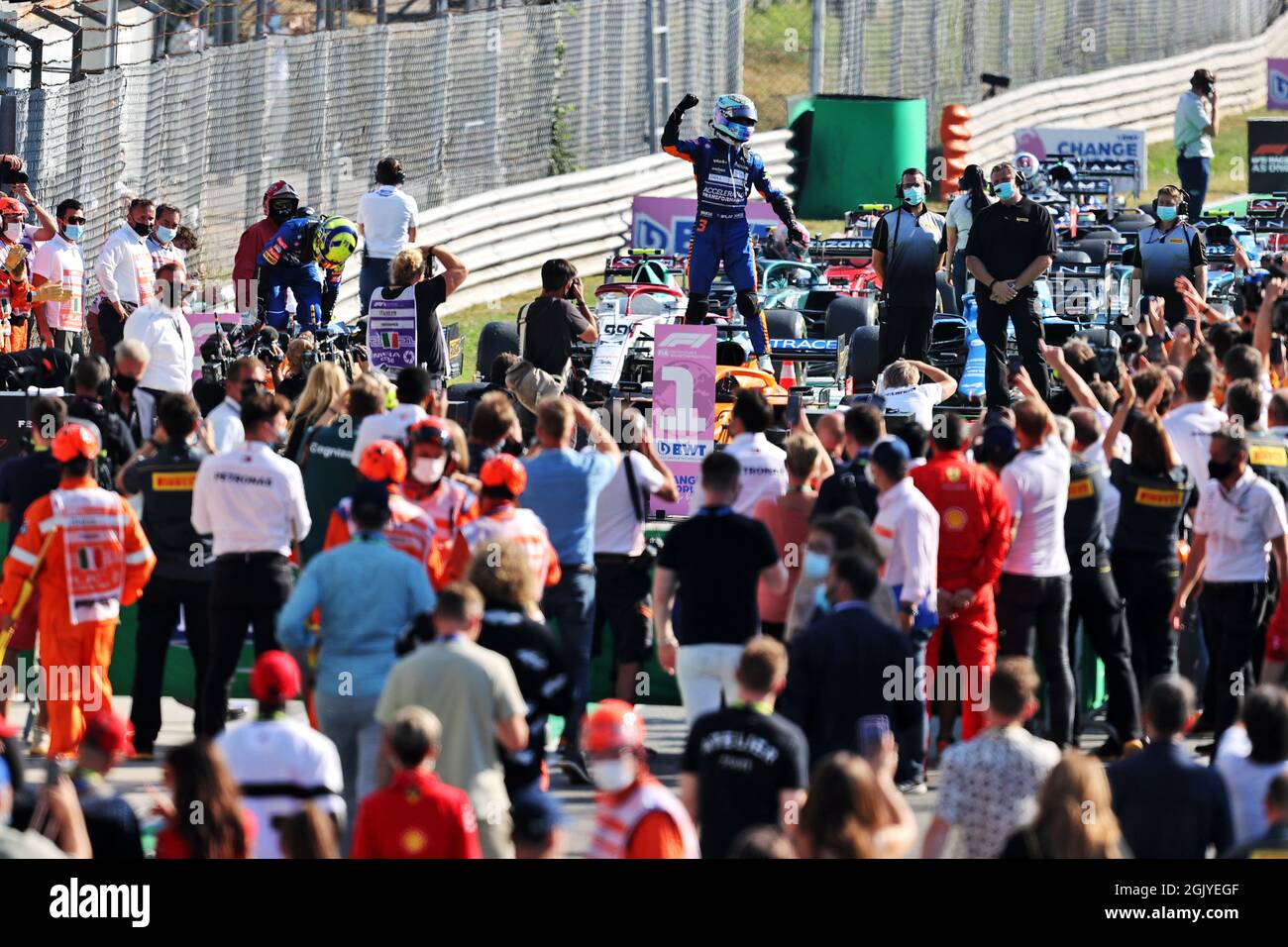 Race winner Daniel Ricciardo (AUS) McLaren MCL35M celebrates in parc ...