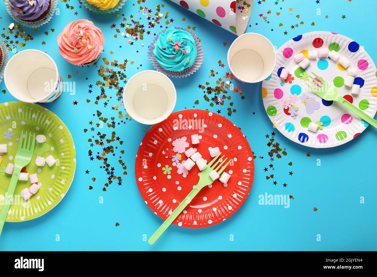 Bright birthday background with sweets and decorations Stock Photo - Alamy