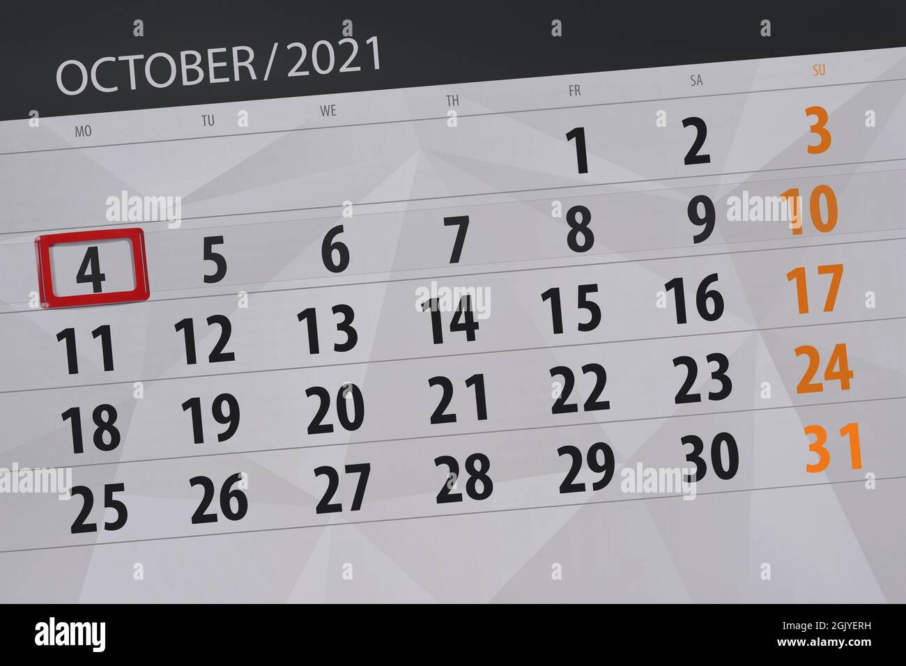 Calendar planner for the month october 2021, deadline day, 4, monday ...