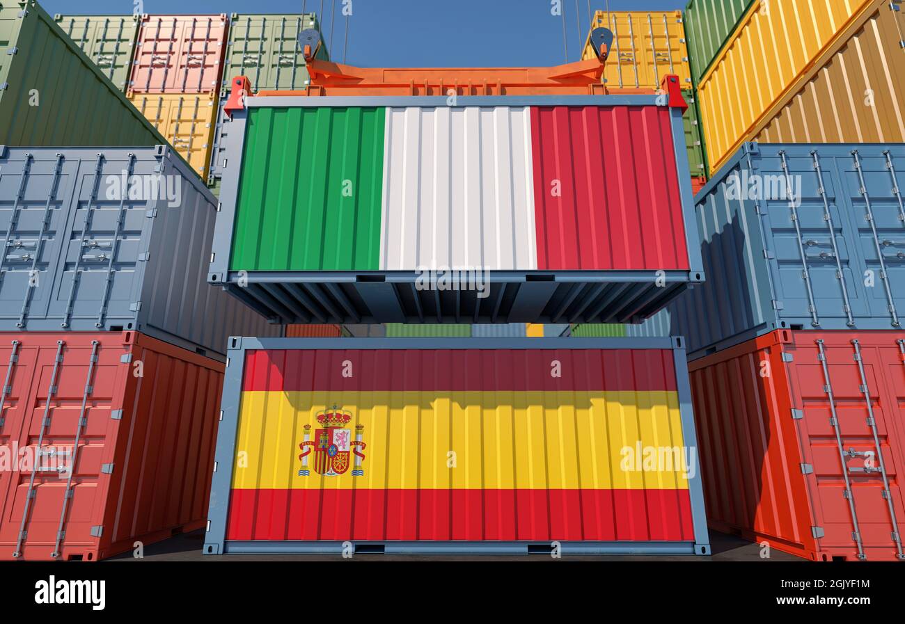 Freight containers with Italy and Spain national flags. 3D Rendering ...