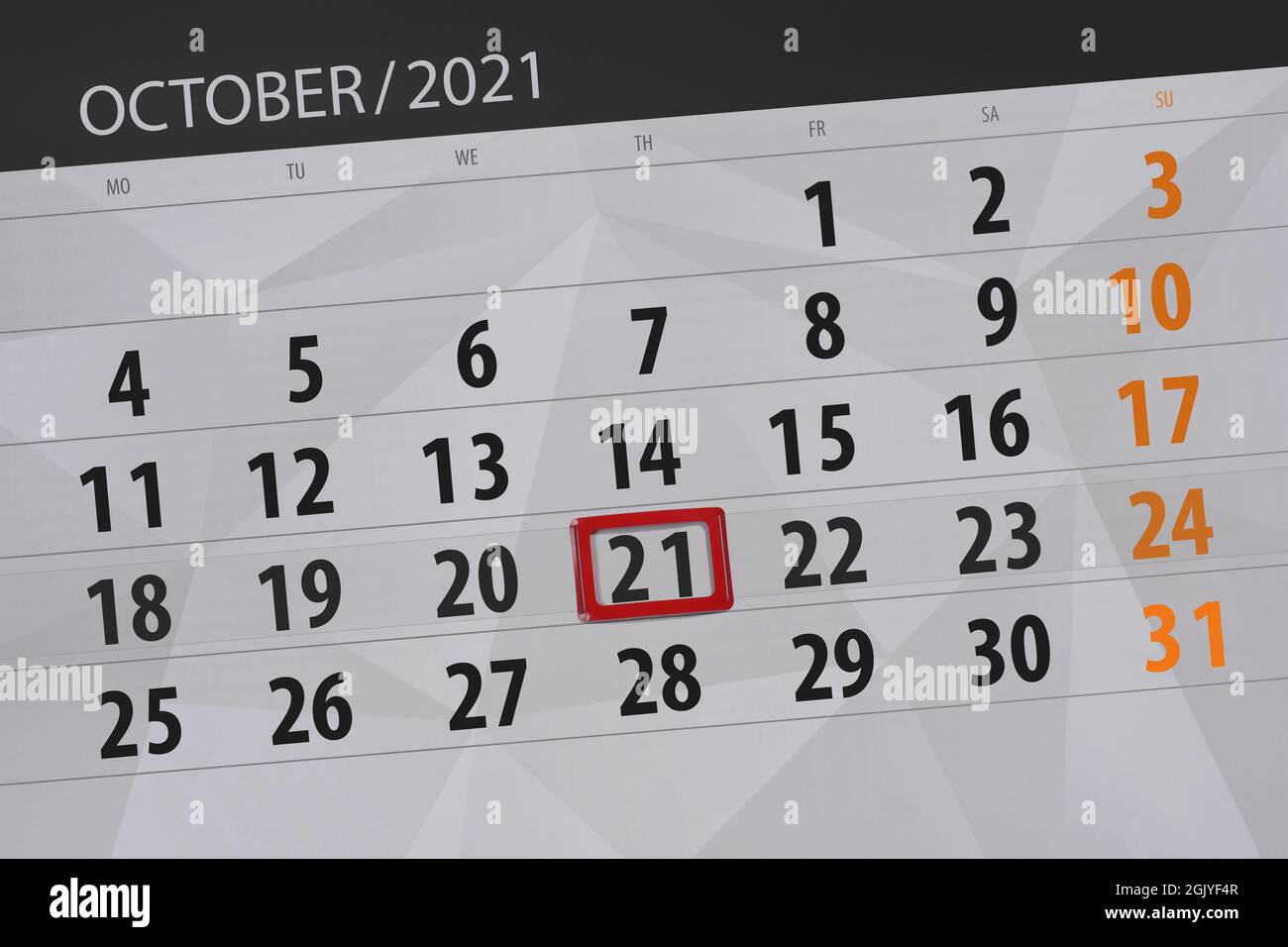 Calendar planner for the month october 2021, deadline day, 21, thursday ...