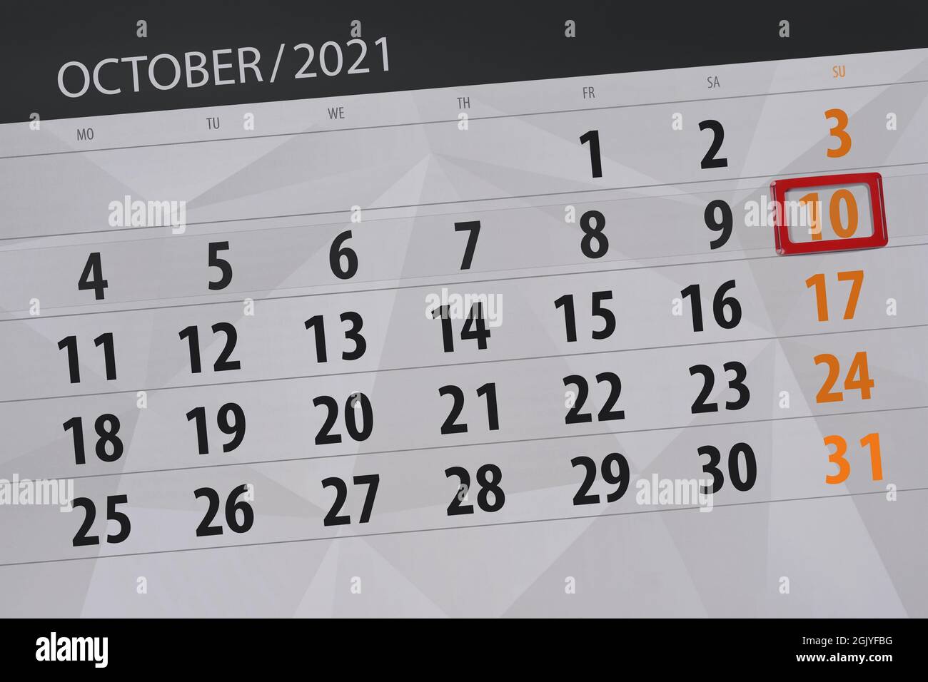 Calendar planner for the month october 2021, deadline day, 10, sunday ...