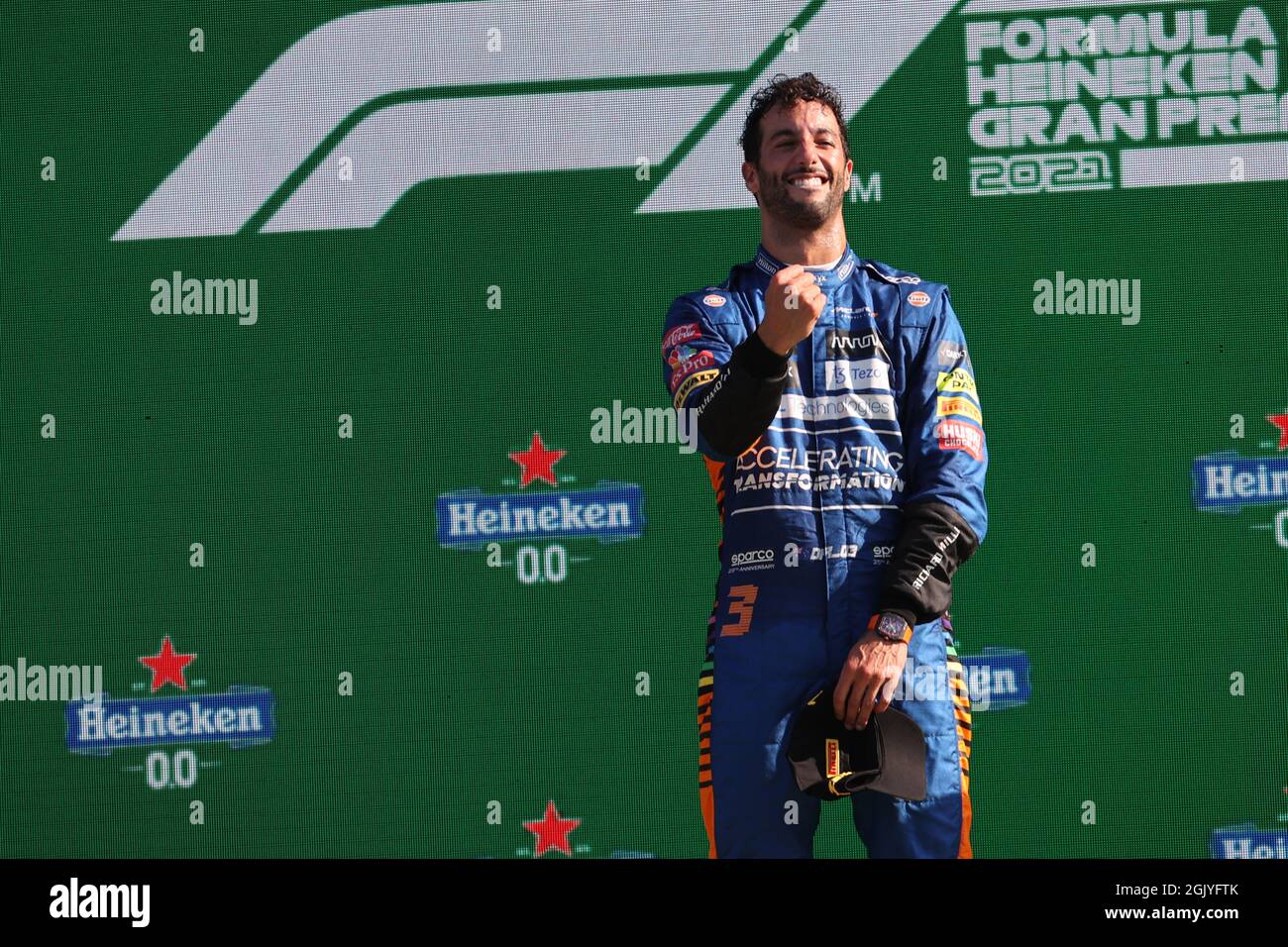 Race winner Daniel Ricciardo (AUS) McLaren celebrates on the podium. 12 ...
