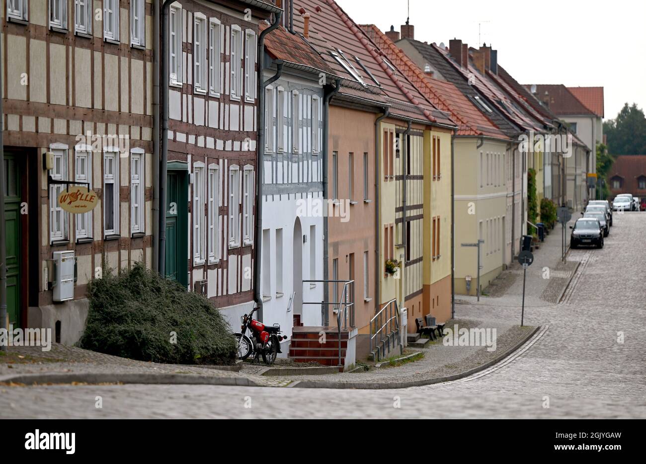Templin, Germany. 10th Sep, 2021. Half-timbered houses on Werder Straße ...