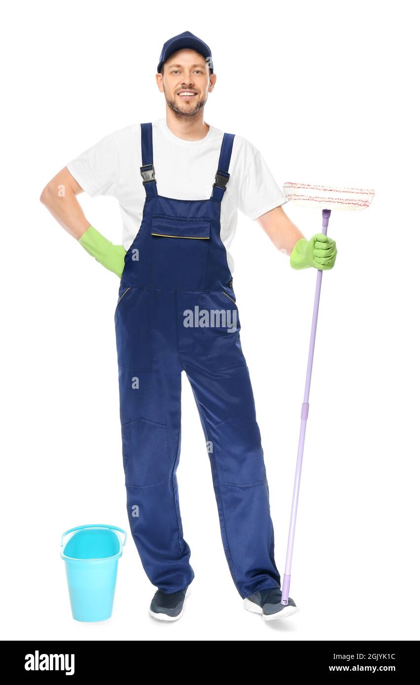 Young window cleaner on white background Stock Photo - Alamy