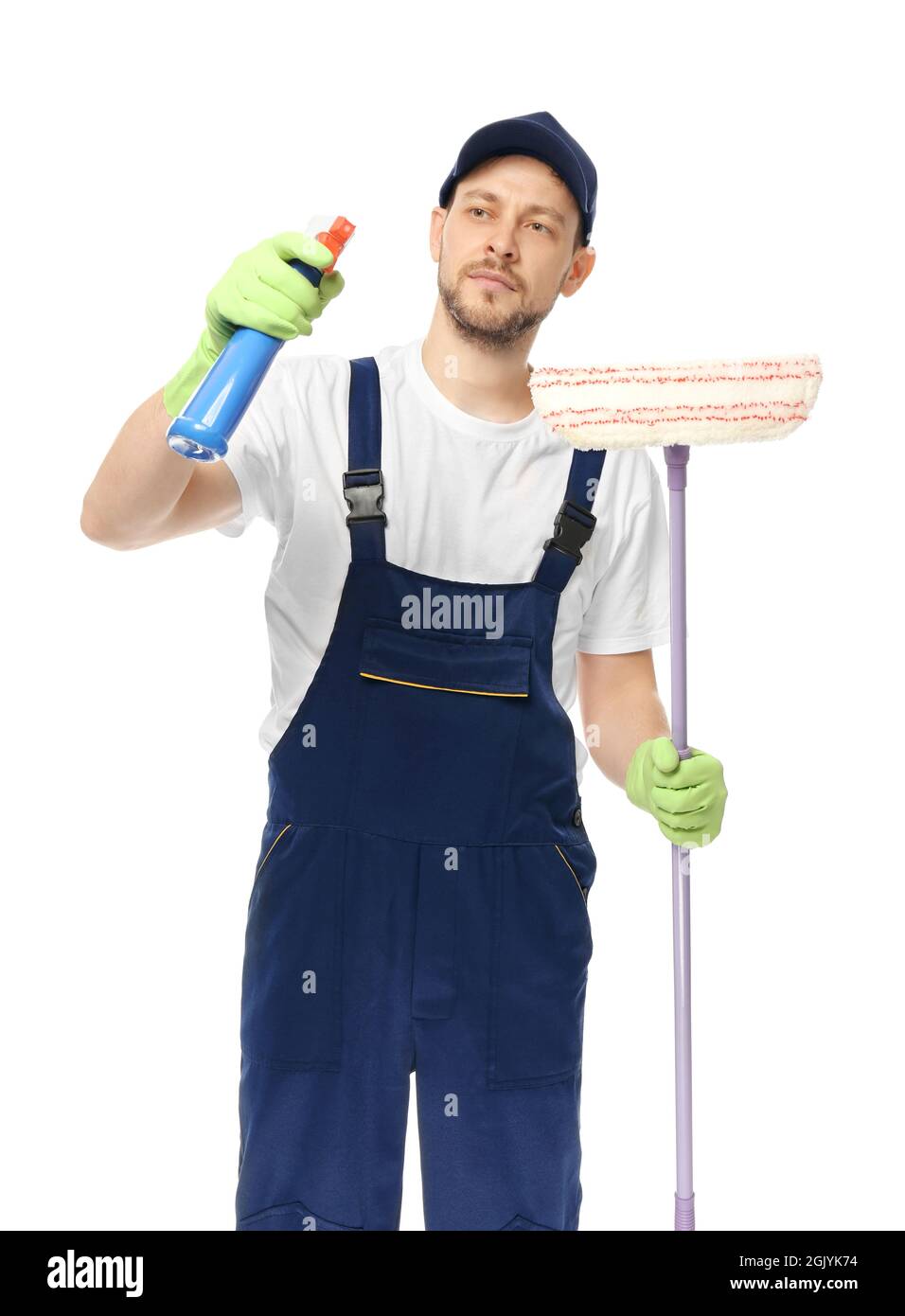 Young window cleaner on white background Stock Photo - Alamy