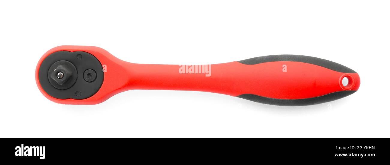 Red ratchet on white background, top view Stock Photo - Alamy