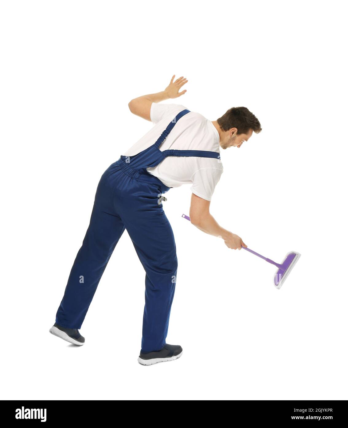 Young window cleaner on white background Stock Photo - Alamy