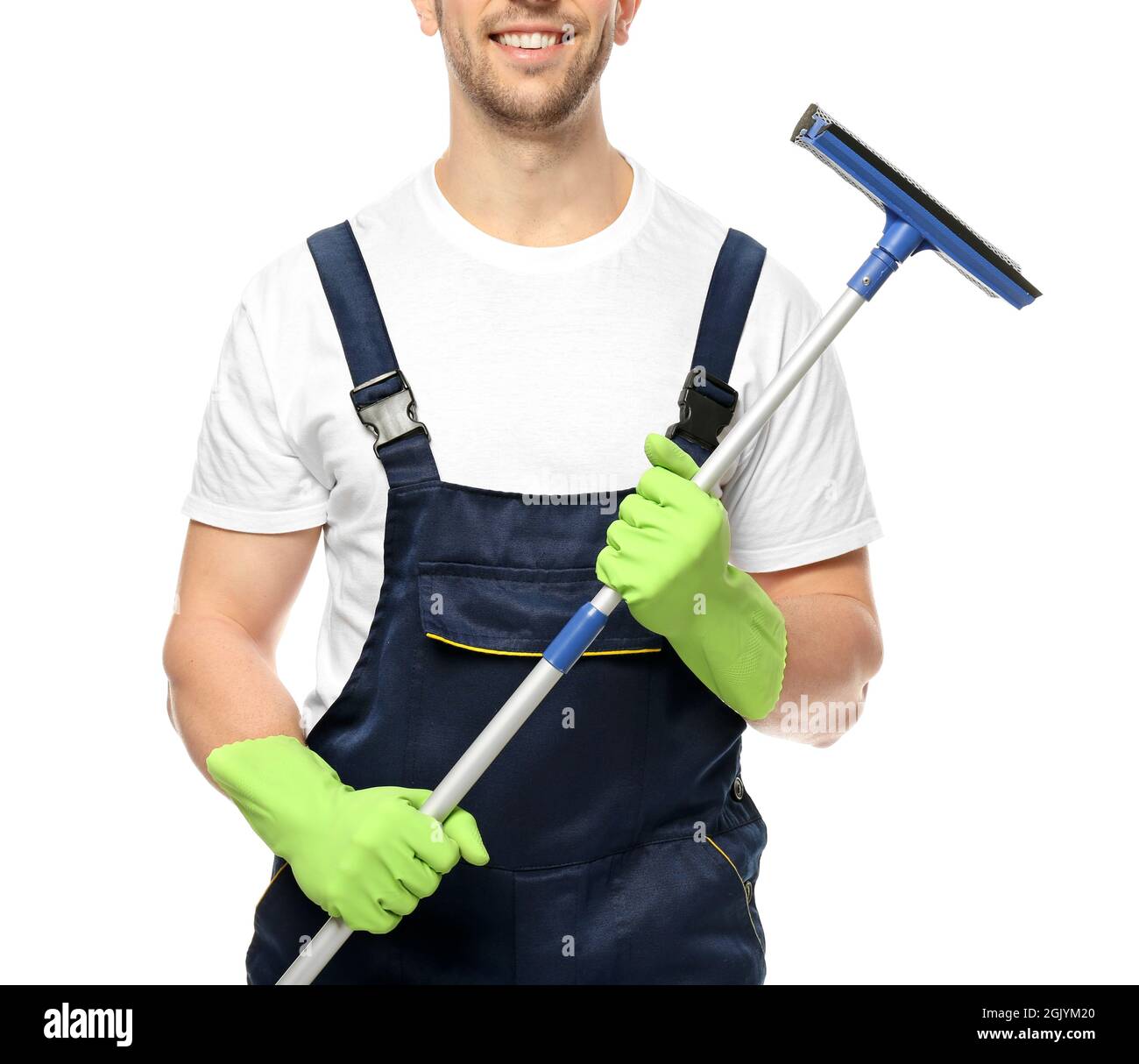 Young window cleaner on white background Stock Photo - Alamy