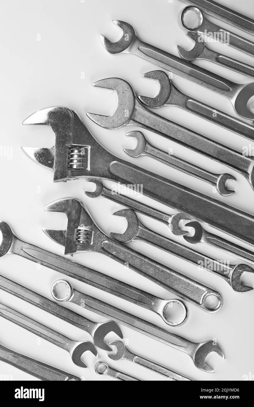 Set of spanners and screw wrenches on white background Stock Photo - Alamy