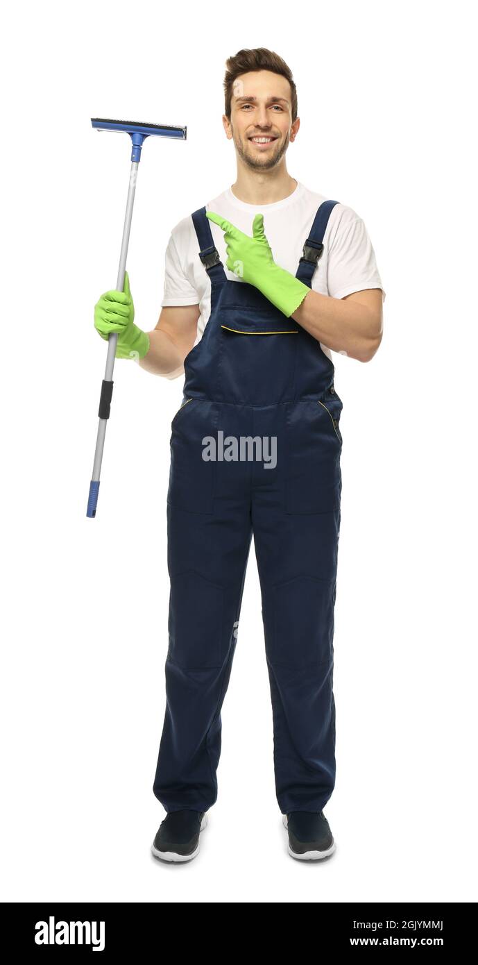 Young window cleaner on white background Stock Photo - Alamy