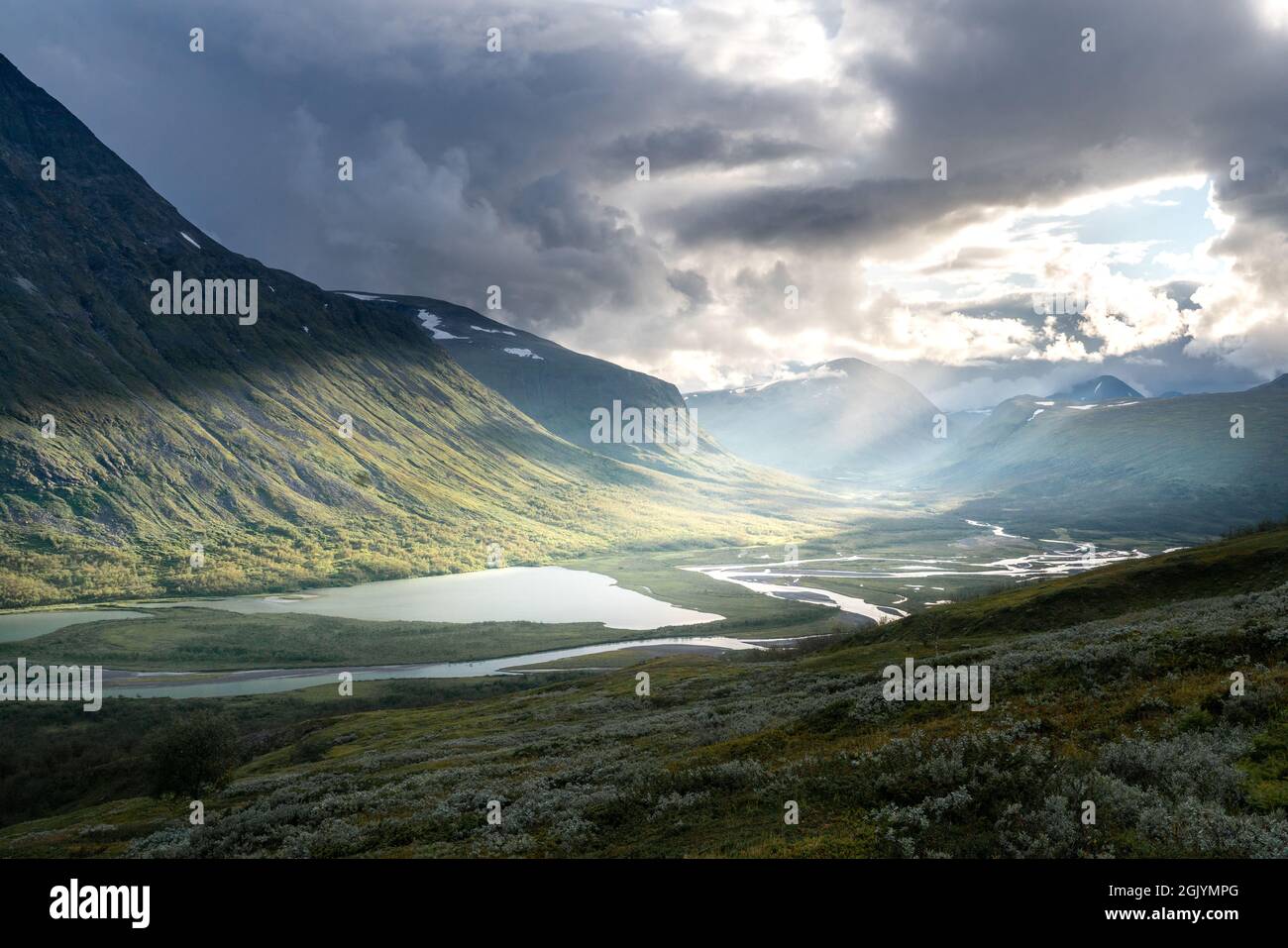 Remote harsh arctic landscape in rough weather in Sarek national park ...