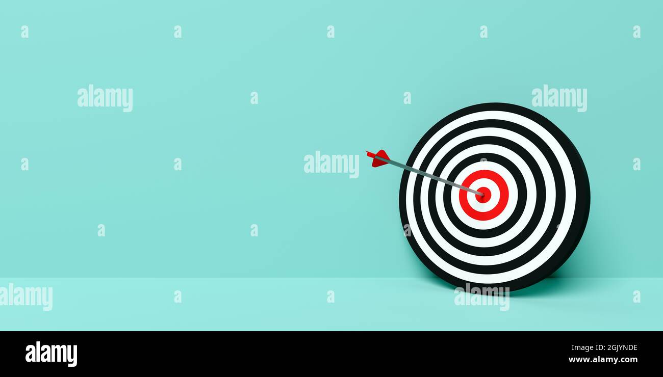 Single arrow hitting center of goal target in blue room background ...
