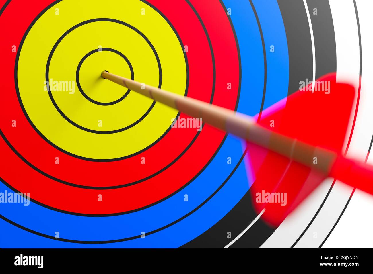 Single arrow hitting center of archery goal target over white ...