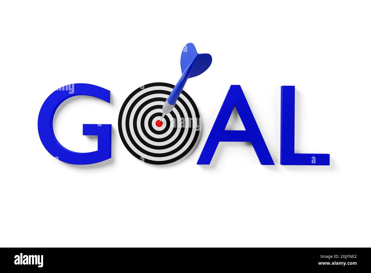 Blue dart arrow hitting center of goal target on the word goal over ...