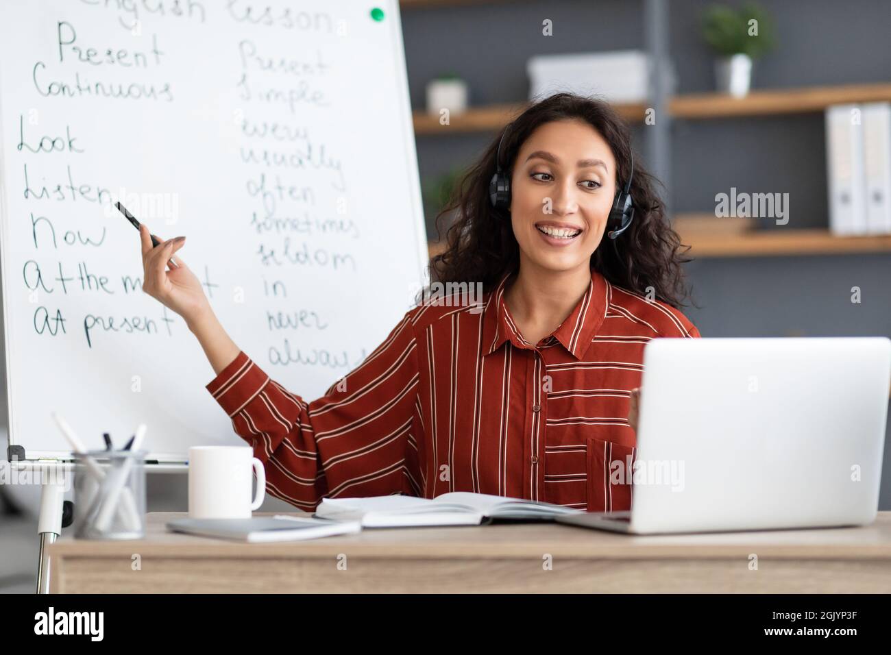 Confident English teacher showing grammar rules to students online ... Confident English teacher showing grammar rules to students online ...