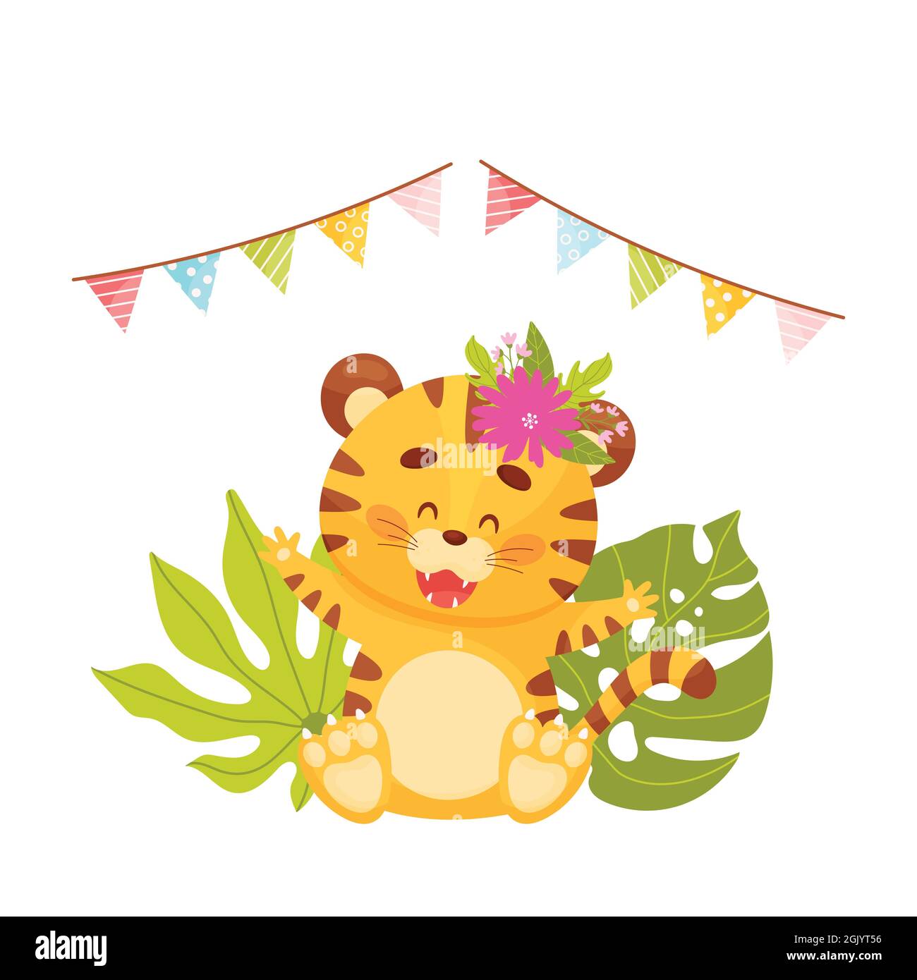 Cute cartoon happy little tiger in the jungle. vector illustration Stock Vector Image & Art - Alamy