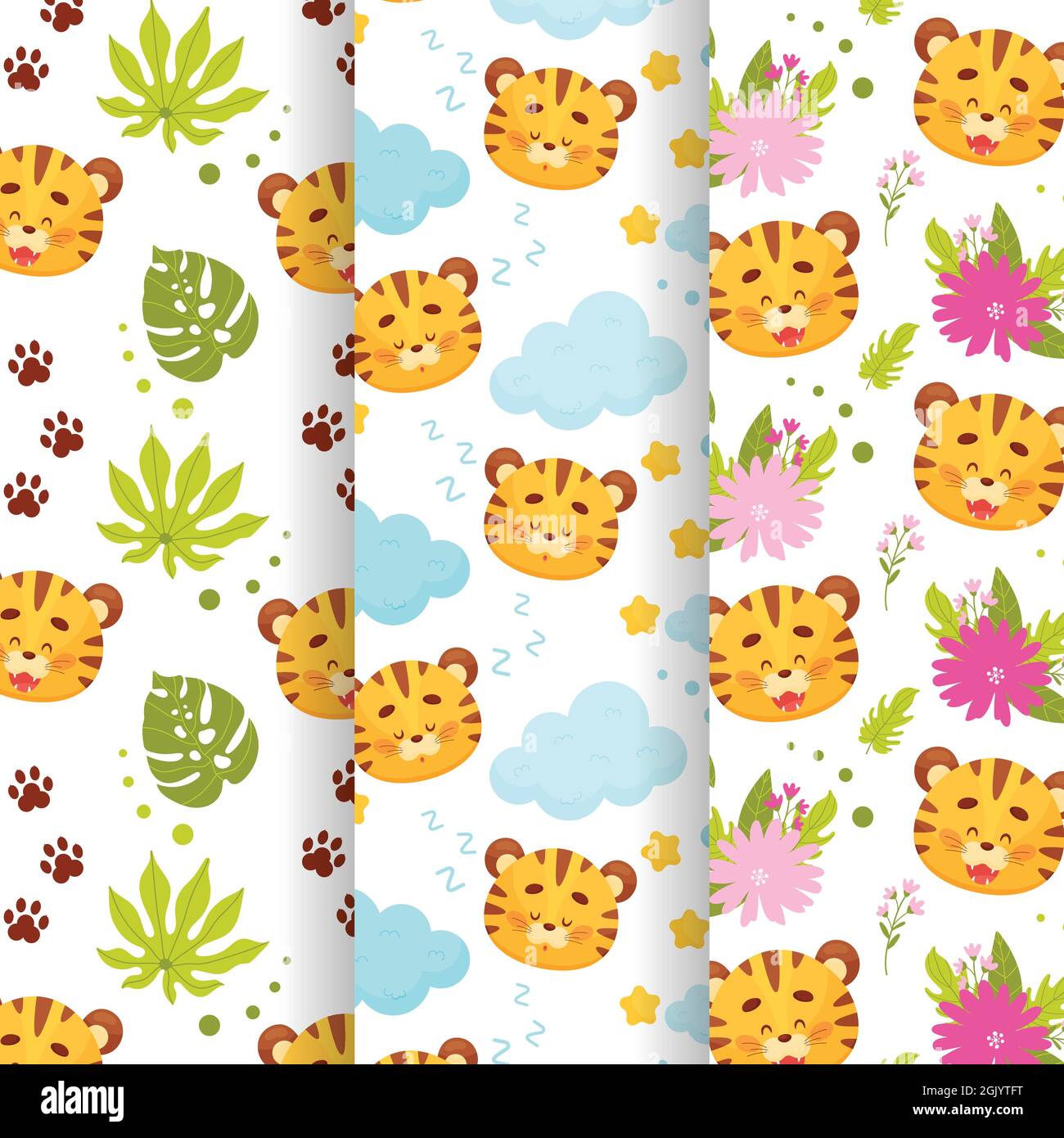 Set of three cute cartoon baby tiger pups seamless patterns. Vector ...