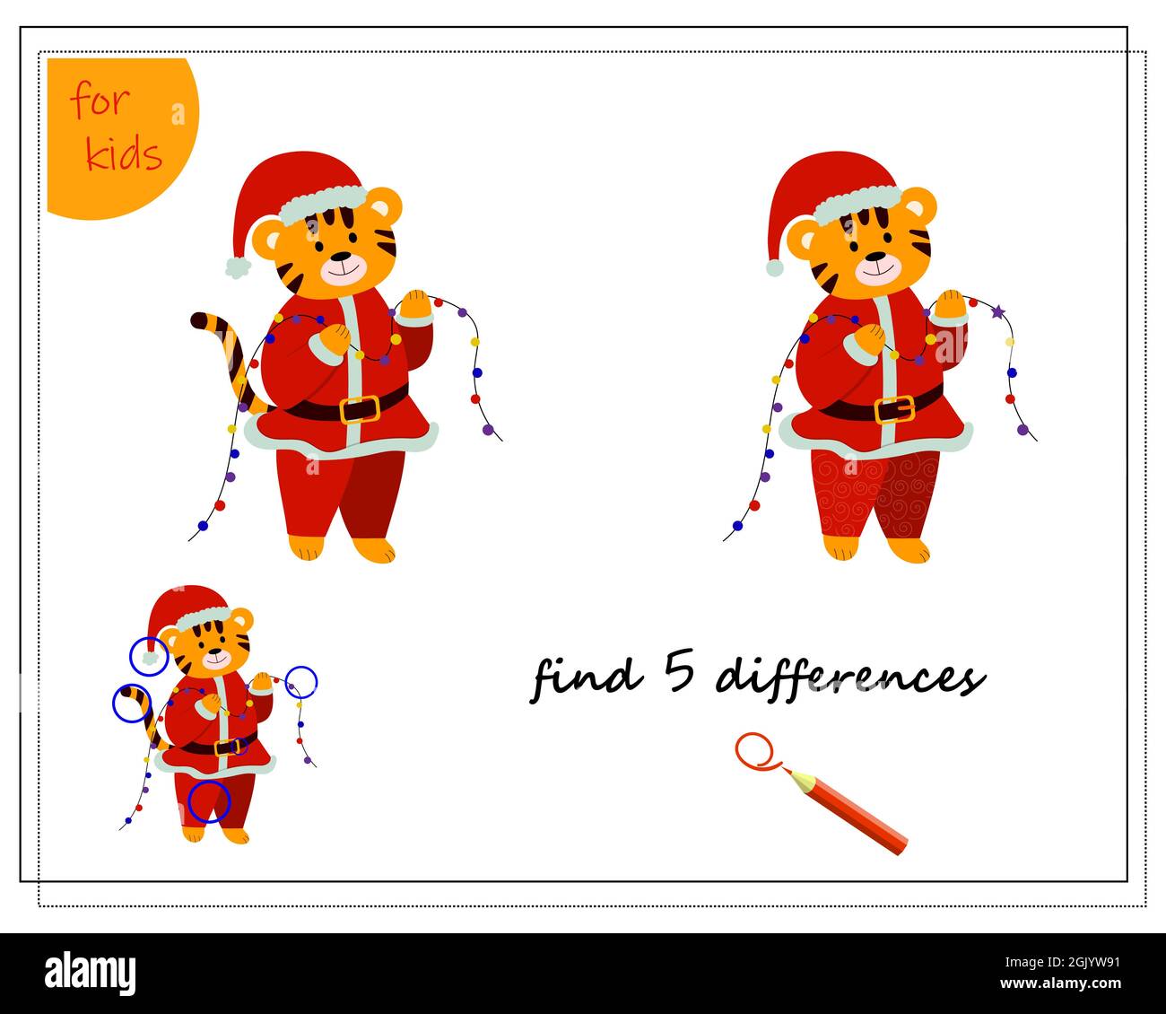 A logical game for children. Find the differences. A tiger in a Santa ...