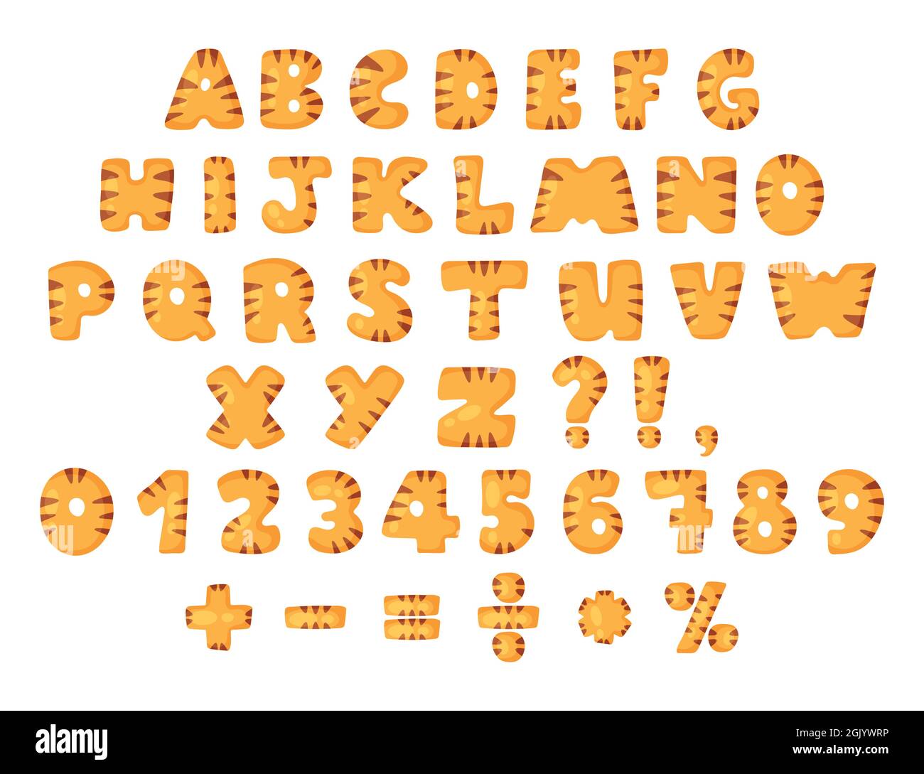 Handdrawn cartoon alphabet letters and numbers set with tiger skin ...