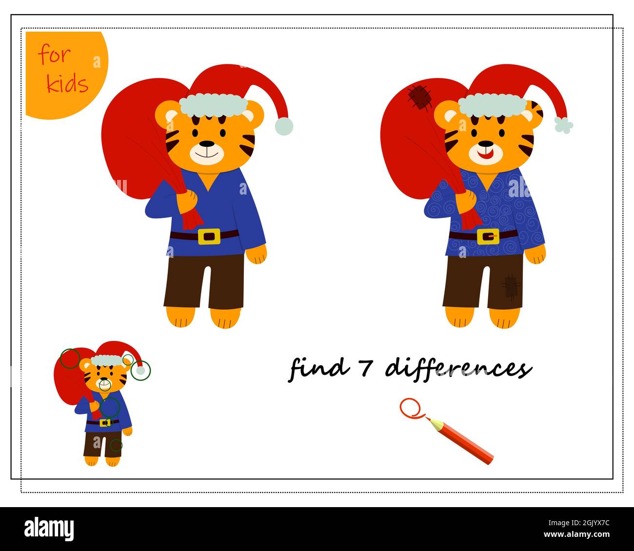 A logical game for children. Find the differences. Tiger with a bag of ...