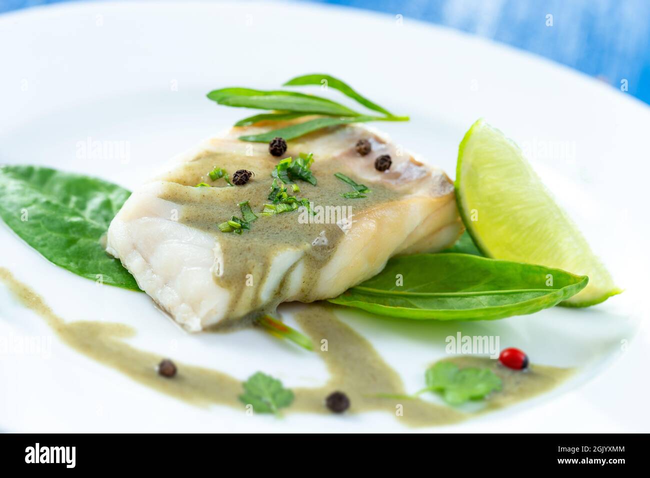 Steamed cod fillet with sorrel sauce and salad leaves Stock Photo - Alamy