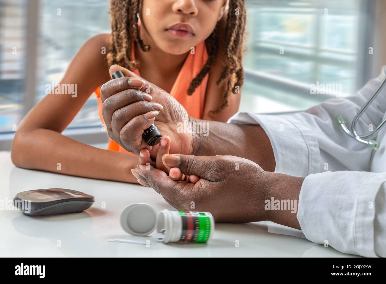 Concept children diabetes children with glucometer learning to check ...