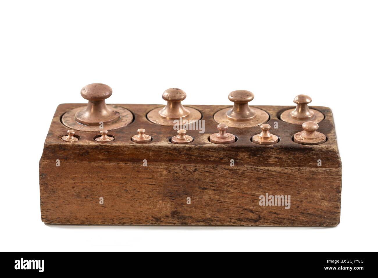 Old brass weights vintage retro boxon a white background Stock Photo ...