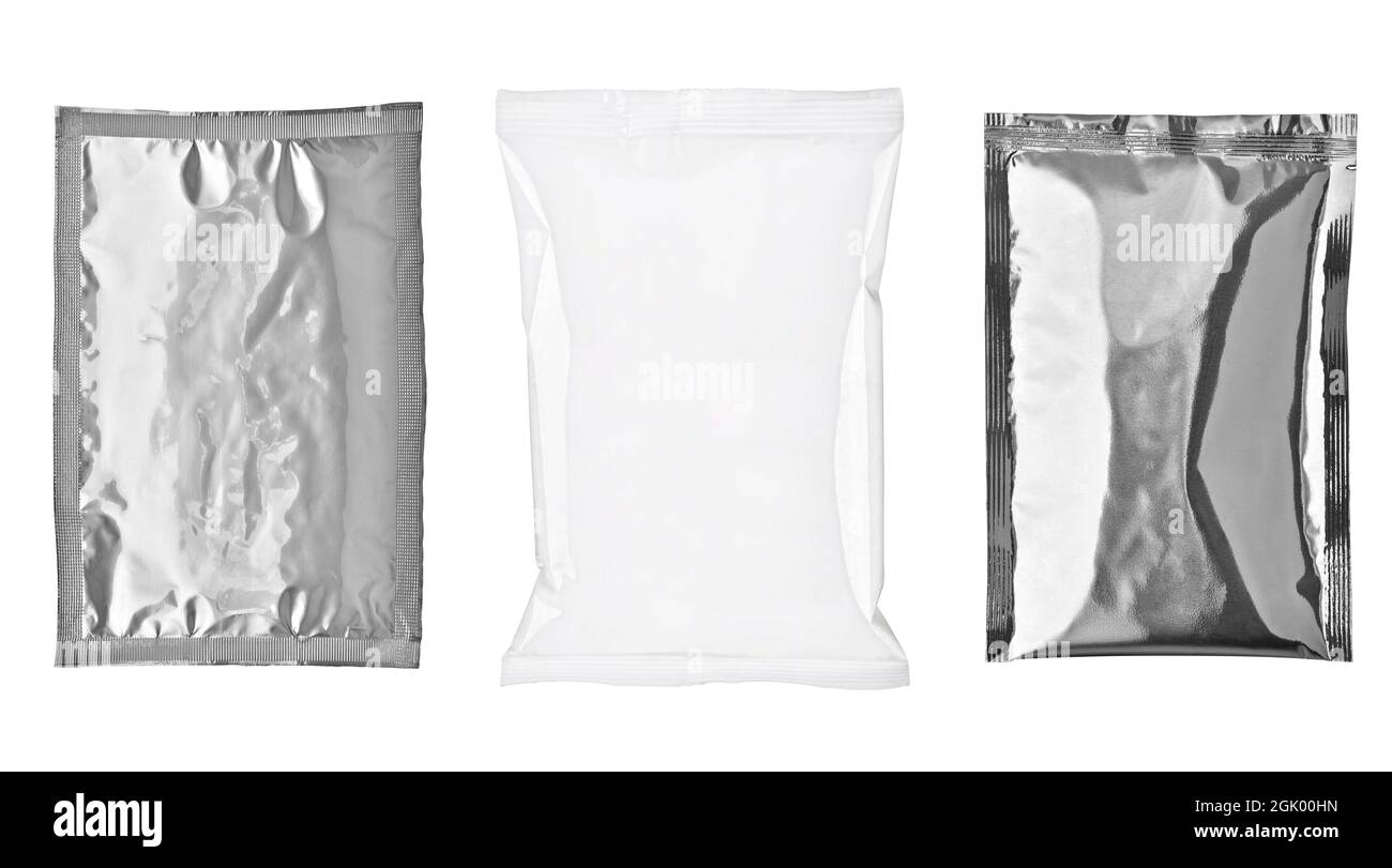 white silver aluminum paper bag package food template box background ...