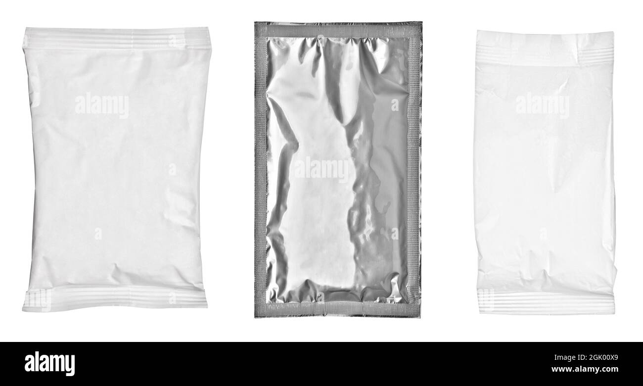 white silver aluminum paper bag package food template box background ...