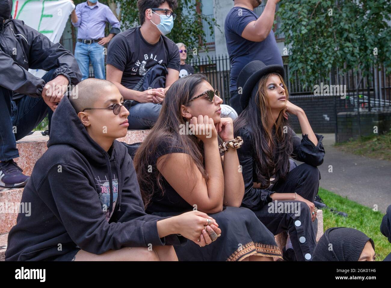 London, UK. 12th Sep 2021. A rally in funeral black in Altab Ali Park ...