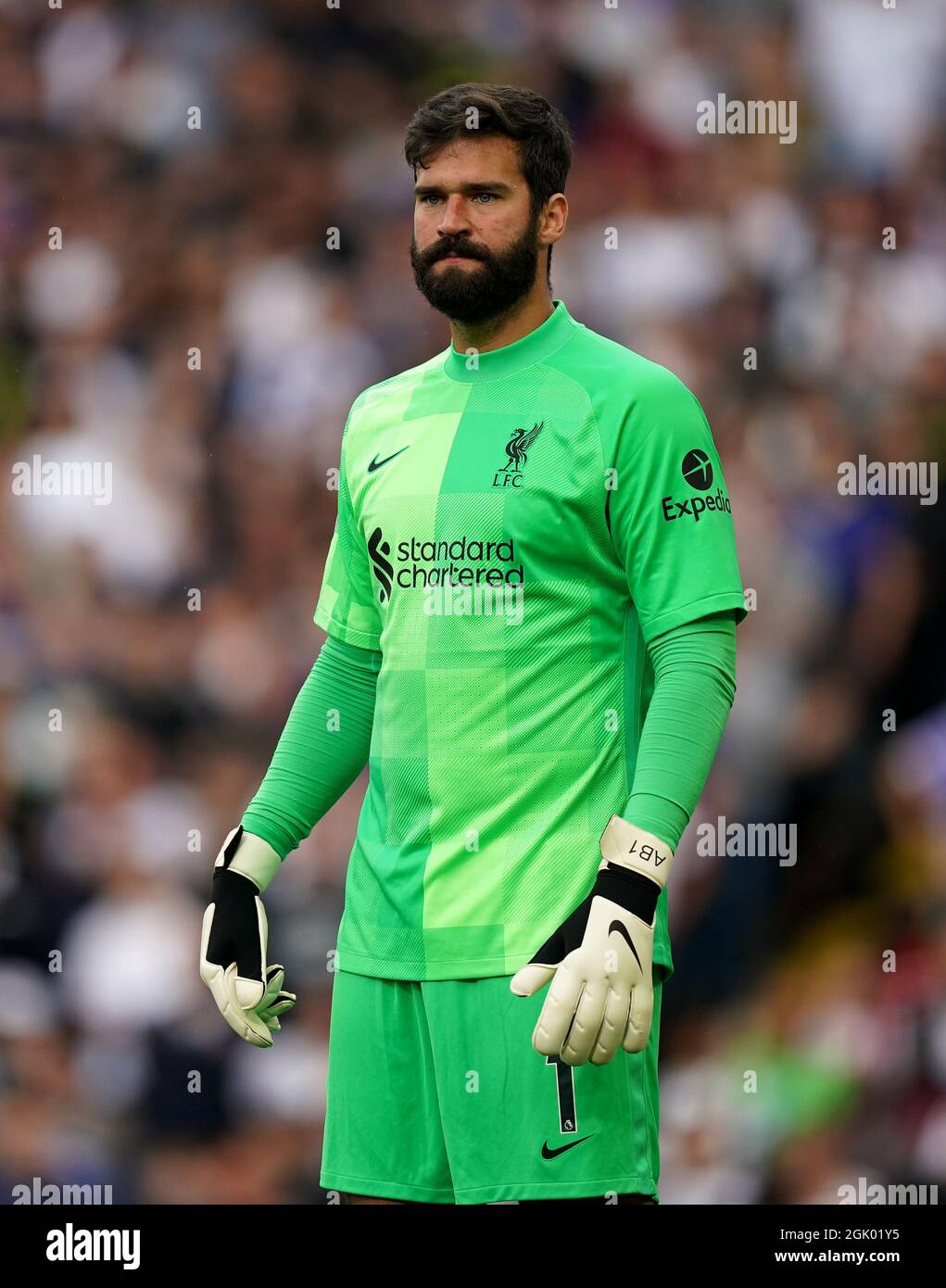Liverpool goalkeeper Alisson during the Premier League match at Elland ...